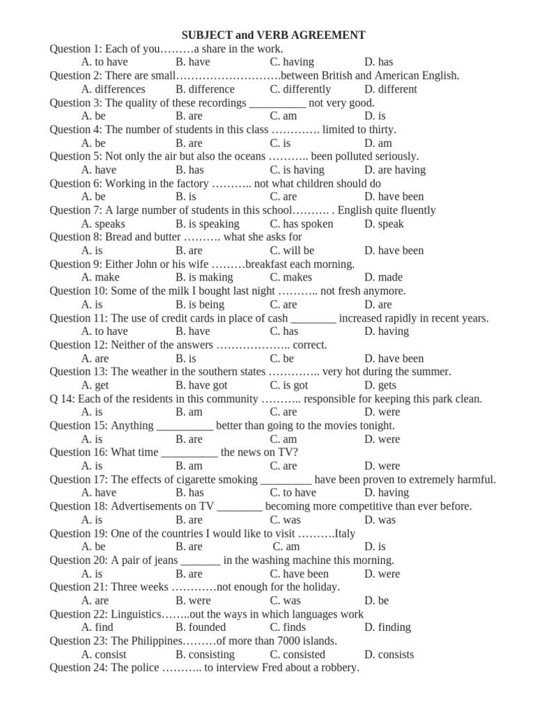 Subject-Verb Agreement Practice Quiz | PDF