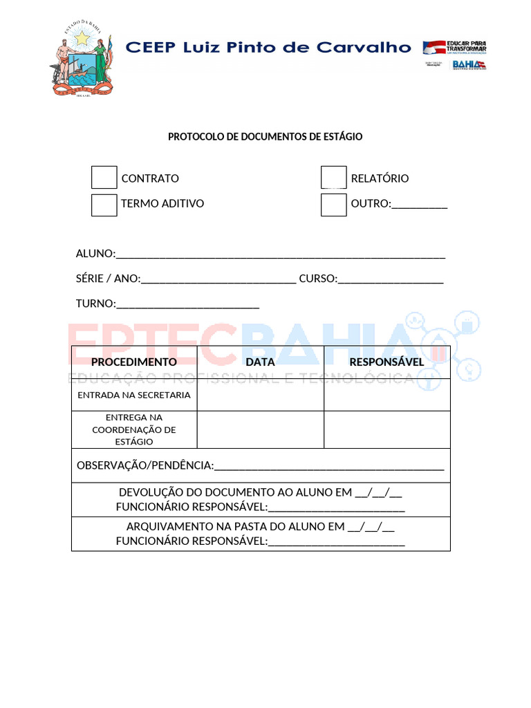 PROTOCOLO DE DOCUMENTOS DE ESTÁGIO | PDF