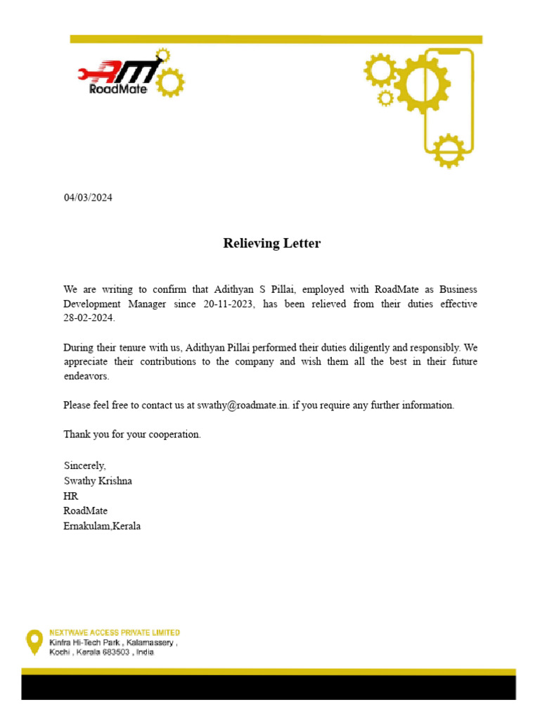 Relieving Letter for Adithyan S Pillai | PDF