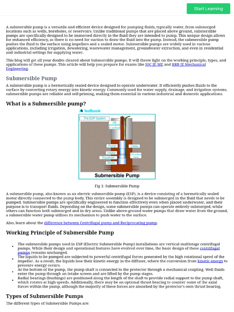 Submersible Pump - Definition, Working, Types, and Applications | PDF