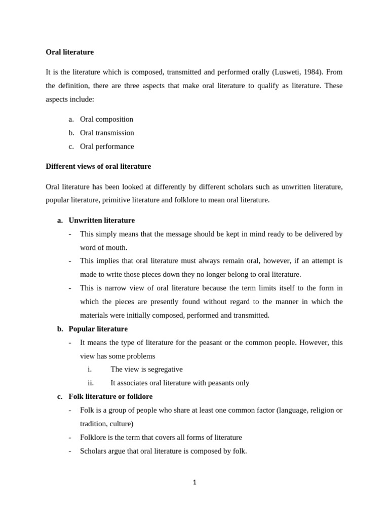 Part_1_Oral_Literature | PDF | Folklore | Oral Tradition