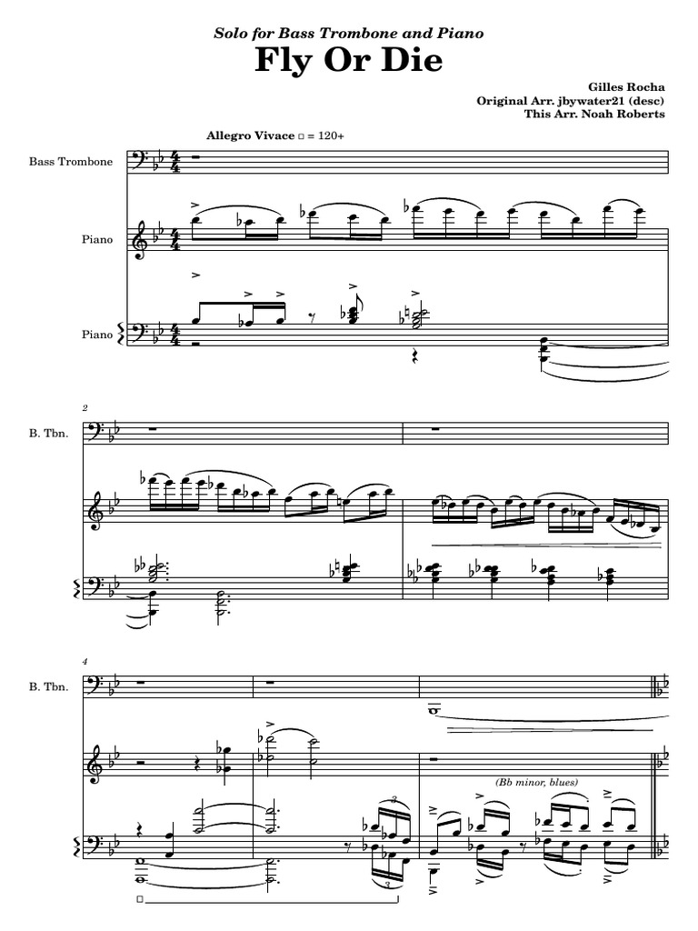 Fly or Die For Bass Trombone and Piano | PDF | Musical Notation | Musical Compositions