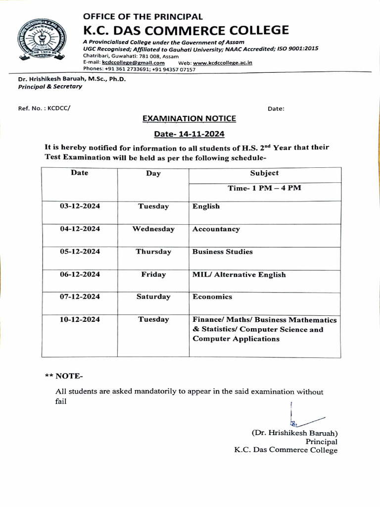 HS 2nd Year Test Routine, 2024 | PDF