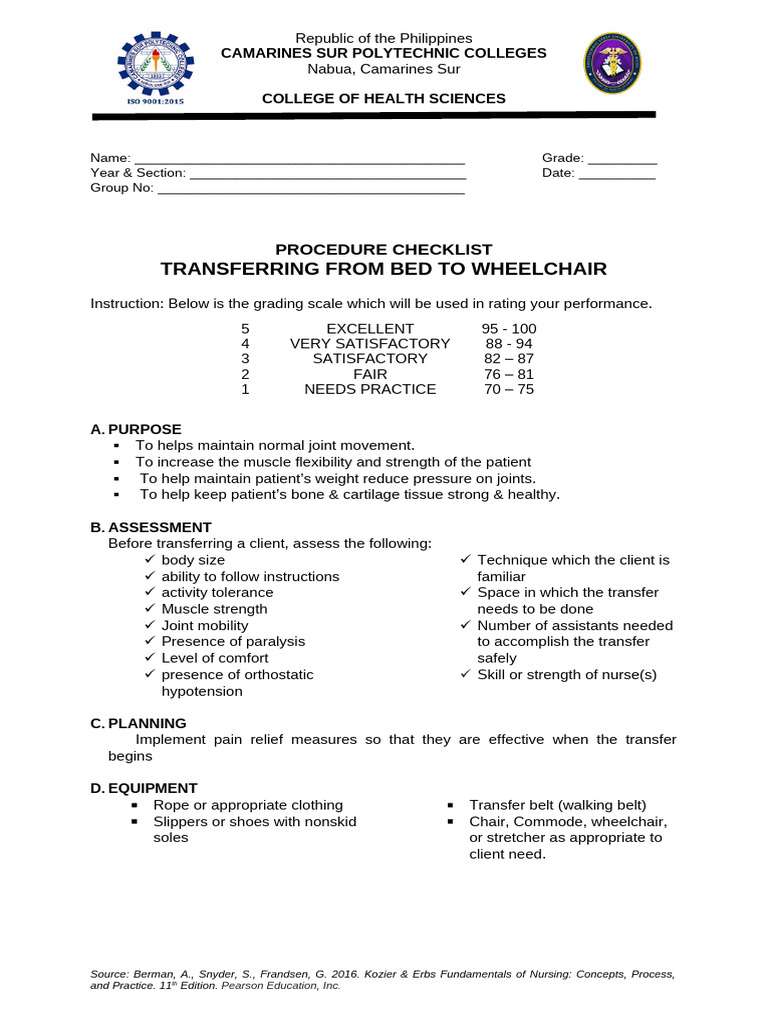 TRANSFERRING-FROM-BED-TO-WHEELCHAIR Checklist | PDF | Wheelchair | Foot