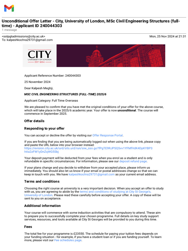 Gmail - Unconditional Offer Letter - City, University of London, MSC ...