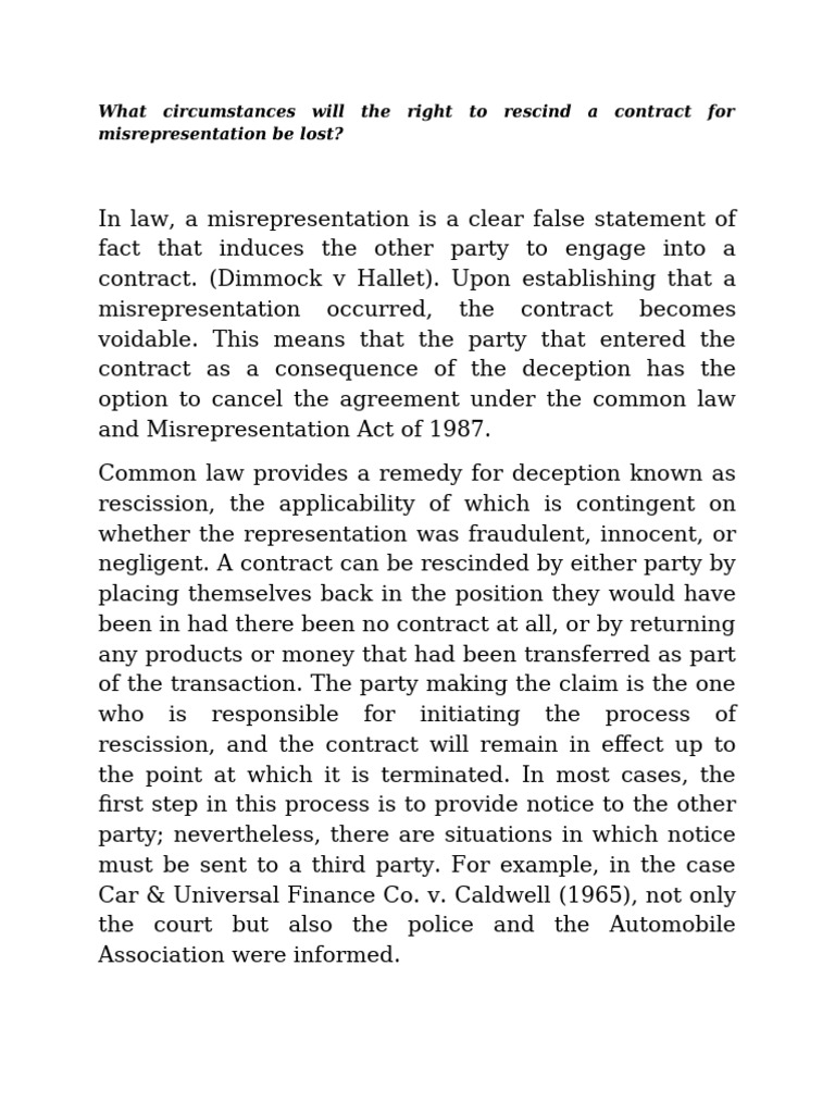 Right To Rescind Be Lost (83%) | PDF | Misrepresentation | Legal Concepts