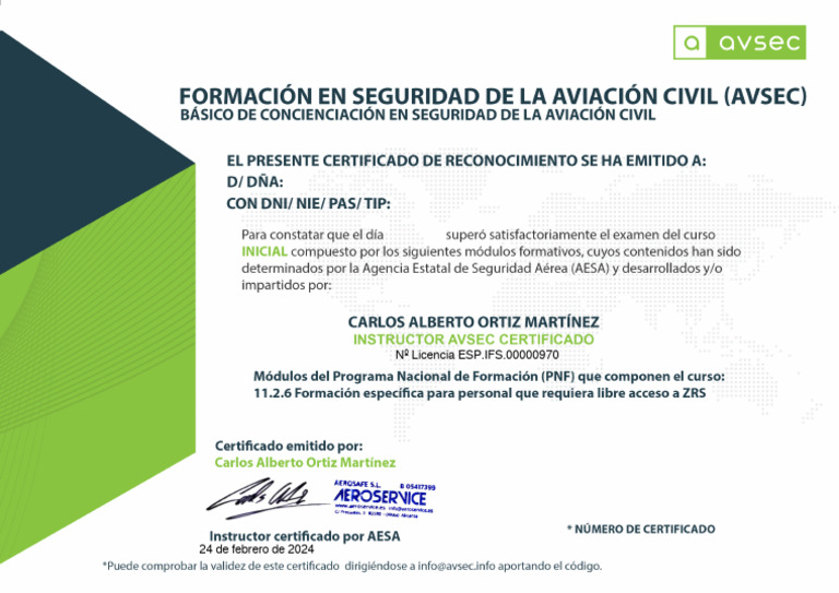 7076445487FT Certificado Avsec | PDF
