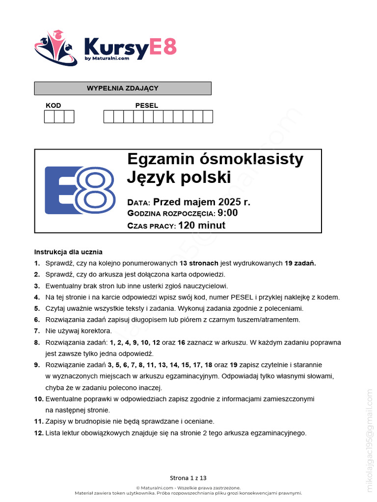 Arkusz Próbny E8 - Język Polski 2025 | PDF