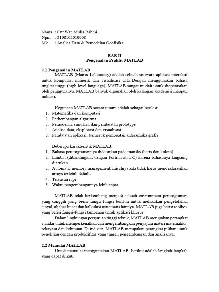 Cut Wan Mulia Rahmi - 2108102010008 - Tugas Praktis Pengenalan Mathlab | PDF