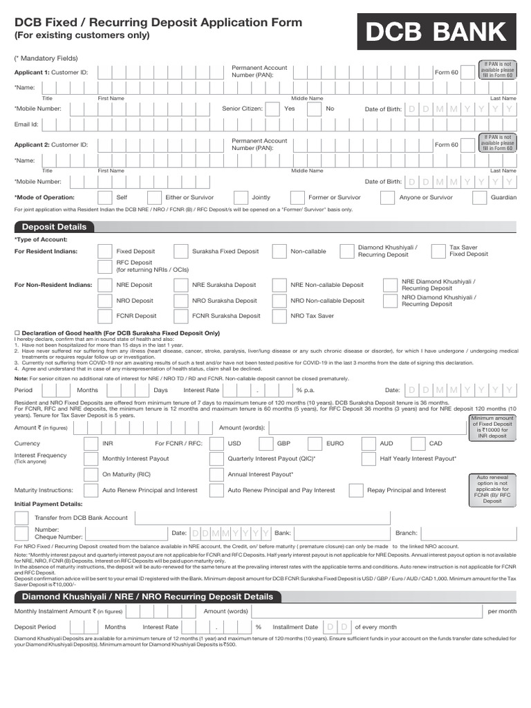 DCB FD RD Application Form | PDF | Banks | Insurance