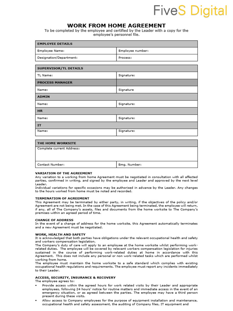 Work From Home Agreement Overview | PDF | Employment | Occupational ...
