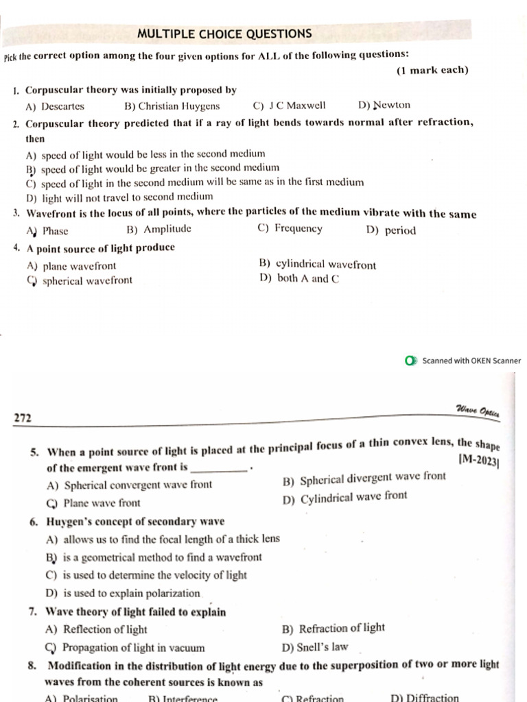 Wave Optics MCQ | PDF