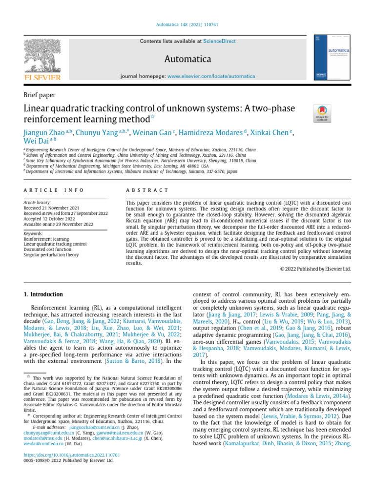Linear Quadratic Tracking Control of Unknown Systems | PDF | Matrix (Mathematics) | Control Theory