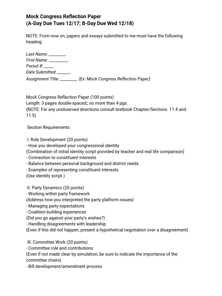 Mock Congress Reflection Paper Instructions | PDF | United States ...