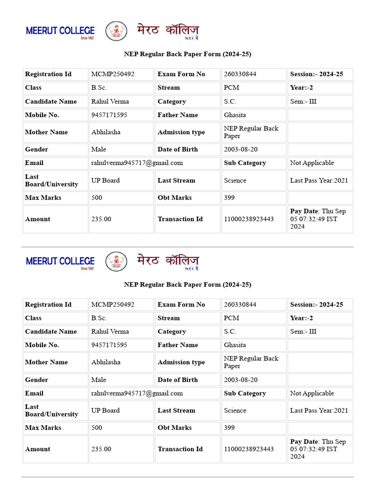 Special Back Paper Meerut College | PDF