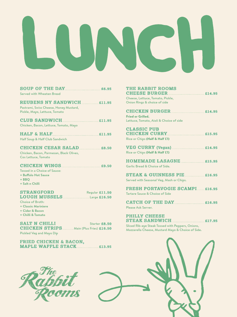 Rabbit Rooms Lunch Menu A4 Sage V2 | PDF | Hamburgers | French Fries