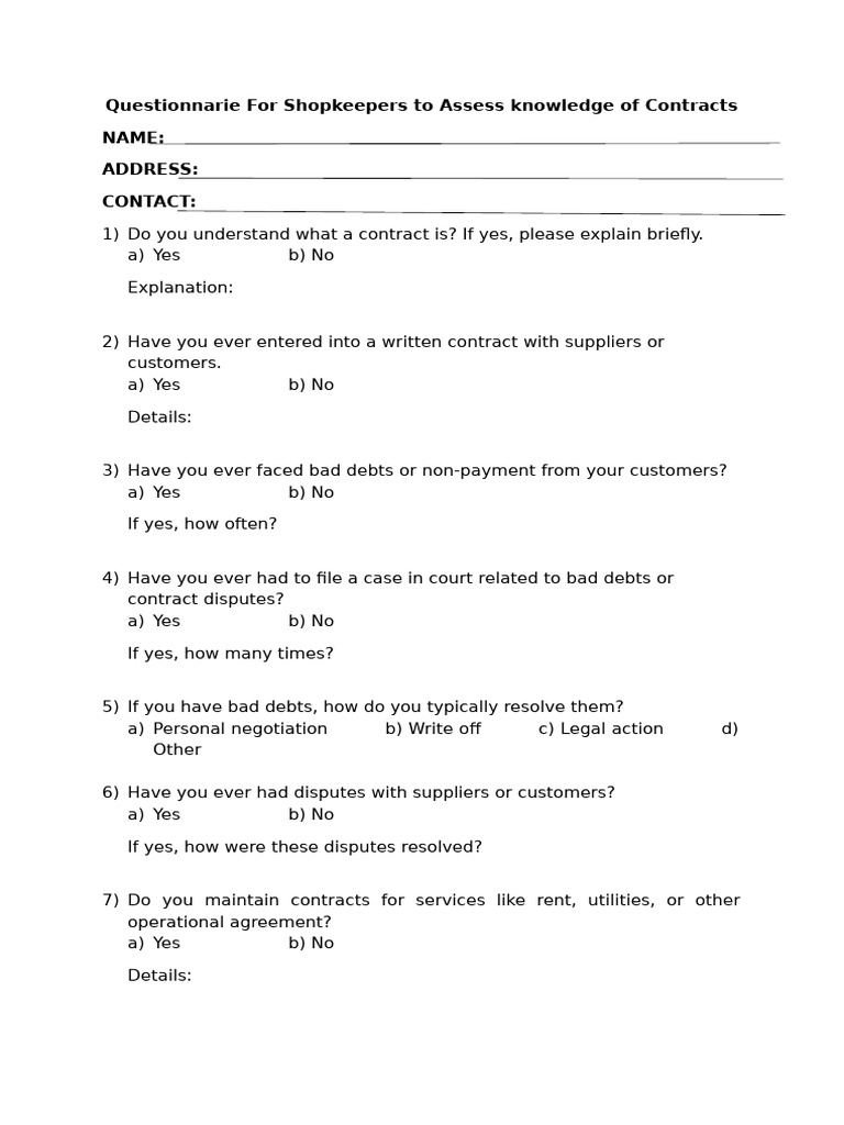 Questionnarie For Shopkeepers To Assess Knowledge of Contracts | PDF