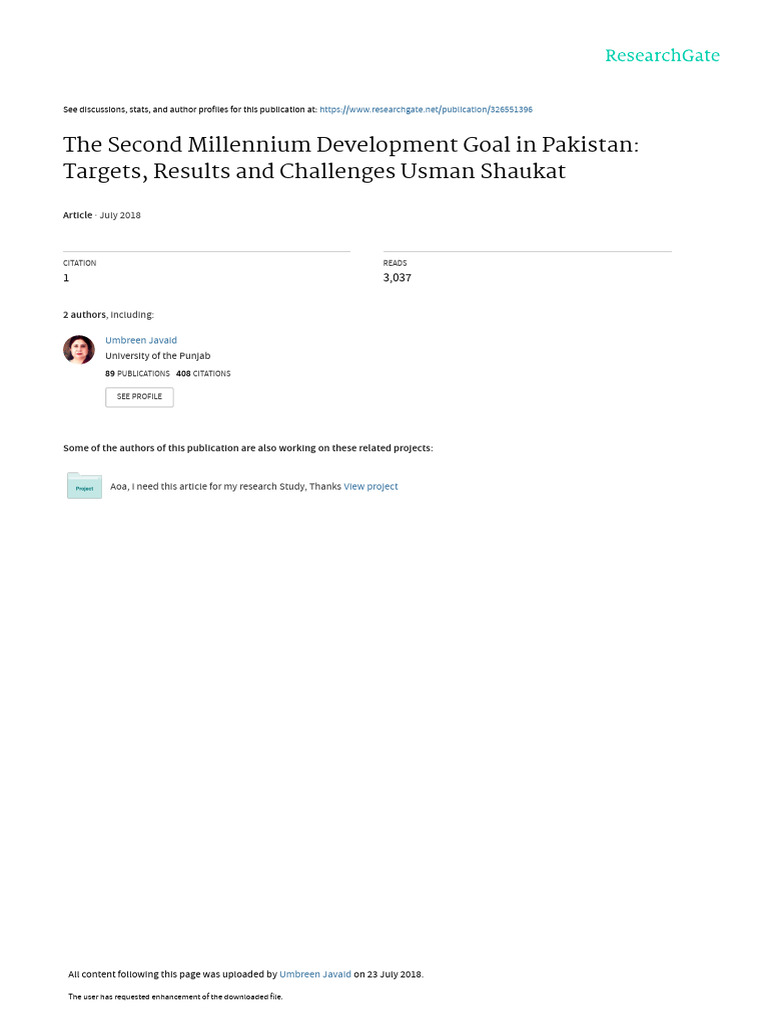 The Second Millennium Development Goal in Pakistan Targets, Results and ...