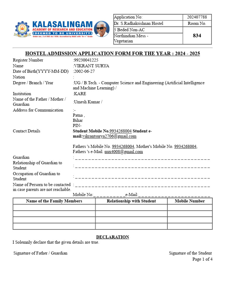 2024-2025 Hostel Admission Form | PDF | Surety