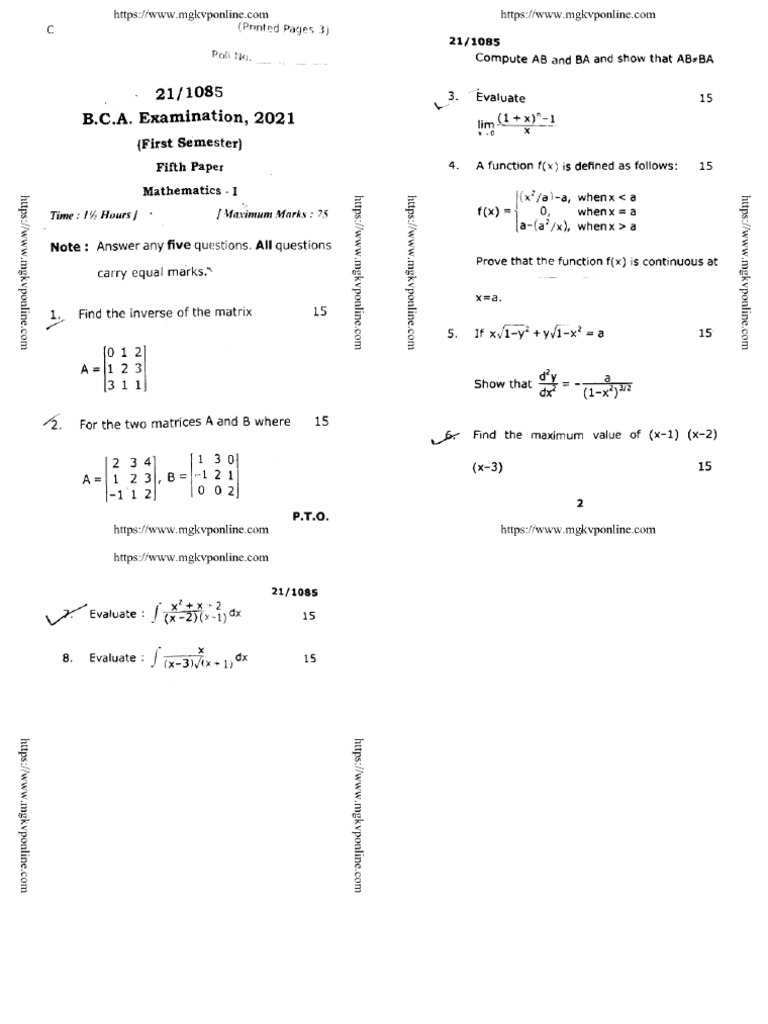 Bca 1 Sem Mathematics 1 1085 2021 | PDF