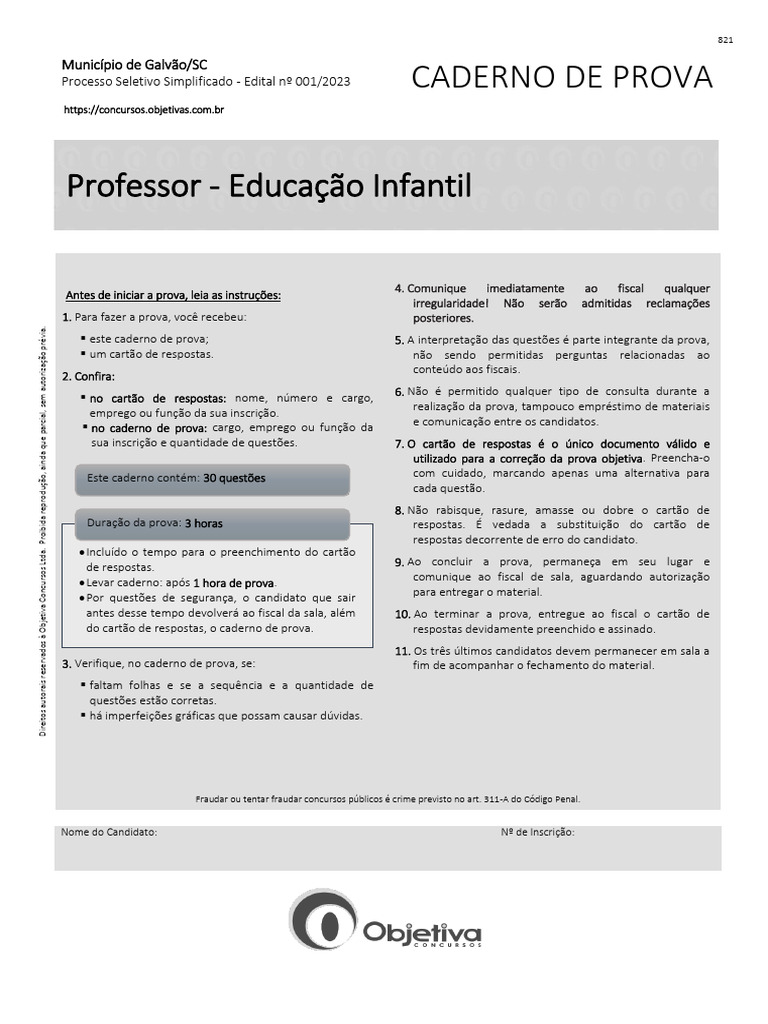 Objetiva 2024 Prefeitura de Galvao SC Professor Educacao Infantil Prova | PDF | Eclipse | Pedagogia