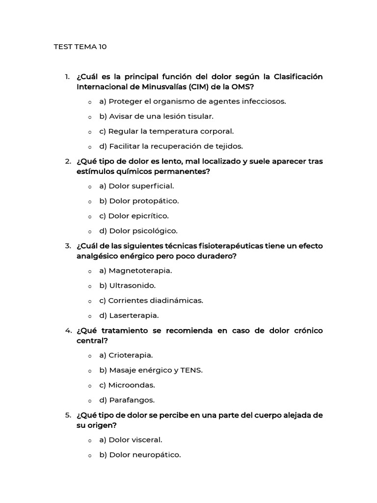 Test Tema 10 | PDF | Dolor | Dolor lumbar