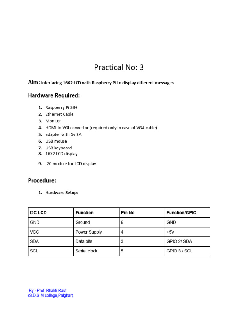 Practical 3 Interfacing 16x2 Lcd With Raspberry Pi To Display Different Messages Pdf
