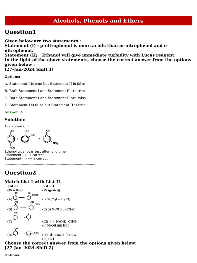 Alcohol and Phenol Jee Mains | PDF | Chemical Reactions | Ether