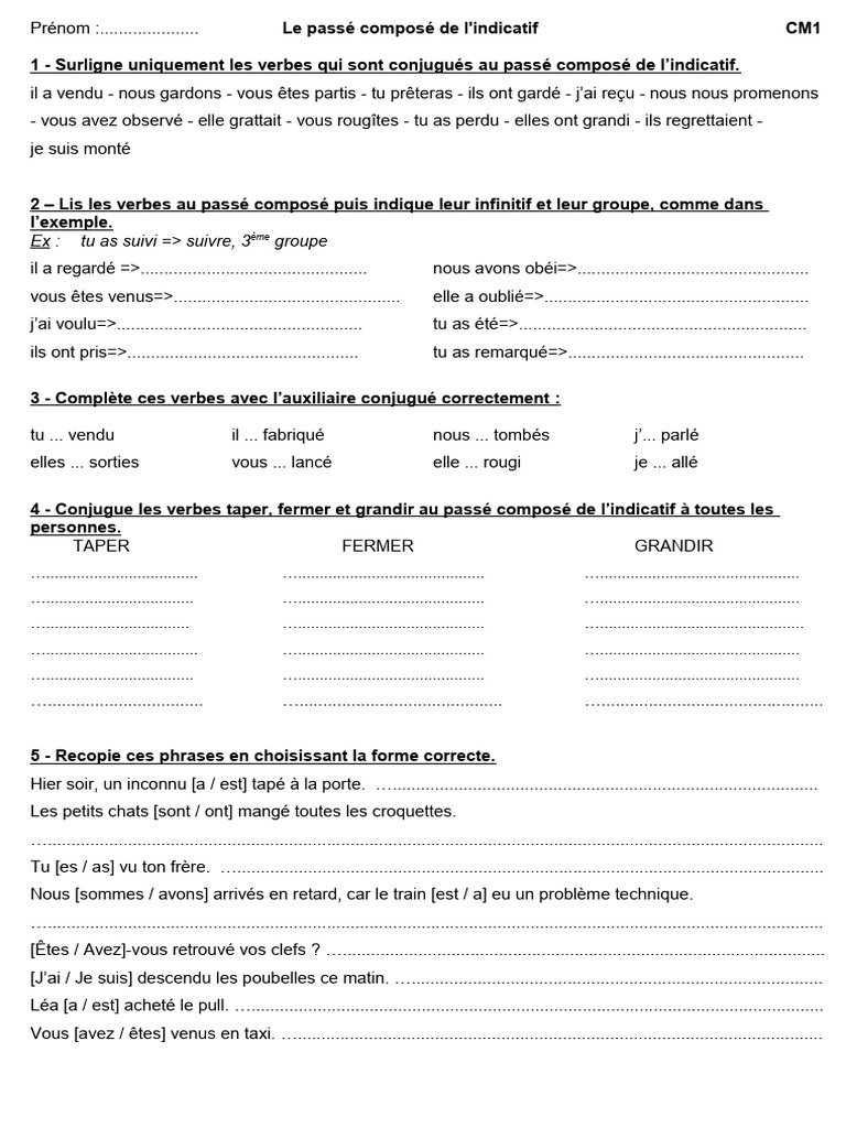 CM1-Le-passe-compose-de-lindicatif-exercices à imprimer | PDF | Verbe ...
