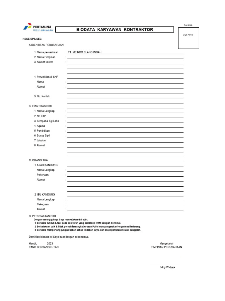Form Biodata Karyawan | PDF