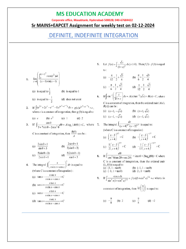 SR Mains+Eapcet-maths Assignment For Weekend 2nd Dec 2024 (Definite, Indefinite Integration) | PDF