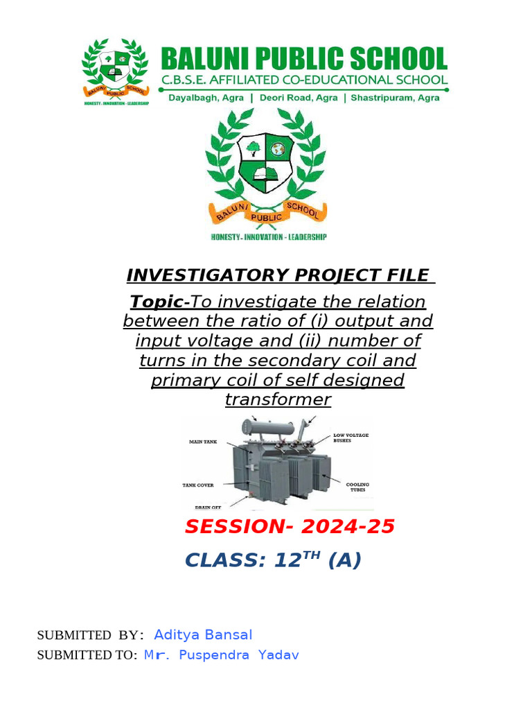 Transformer Xii Physics Investigatory Project Pdf Transformer Inductor