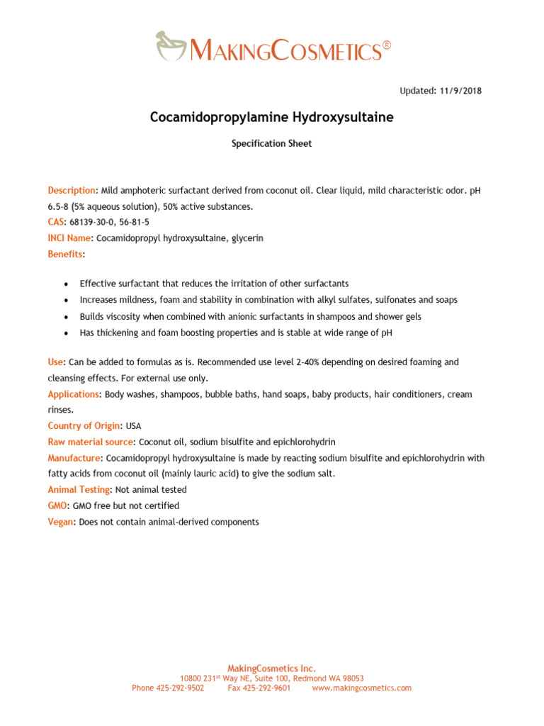 Fact Sheet Cocamidopropyl Hydroxysultaine | PDF