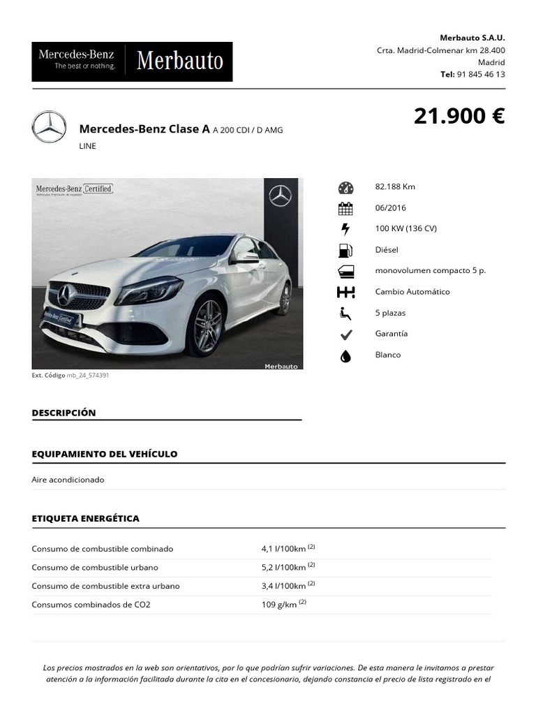 Detalles Vehiculo 417183 Clase A A 200 C | PDF | Ahorro de combustible ...