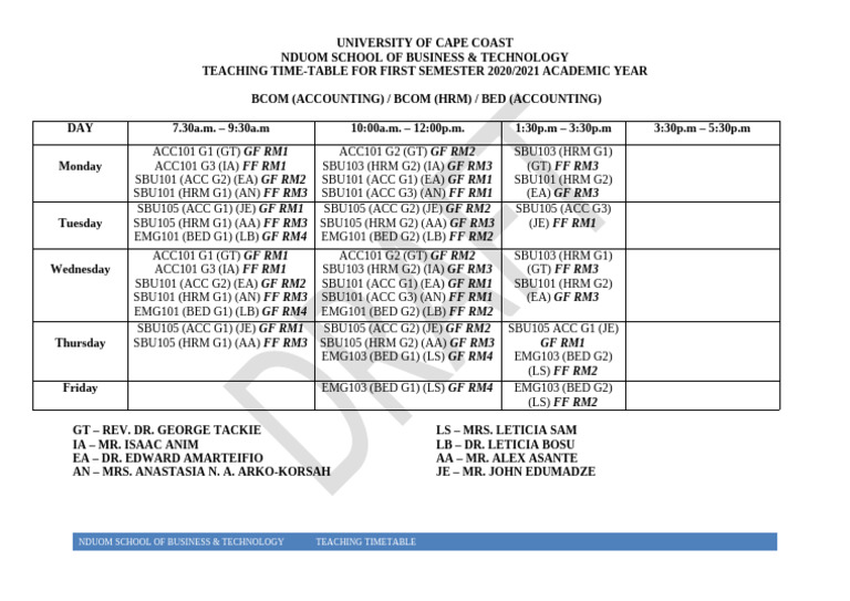 TEACHING TIME TABLE 2021 NDUOM SCHOOL OF BUSINESS AND TECHNOLOGY | PDF