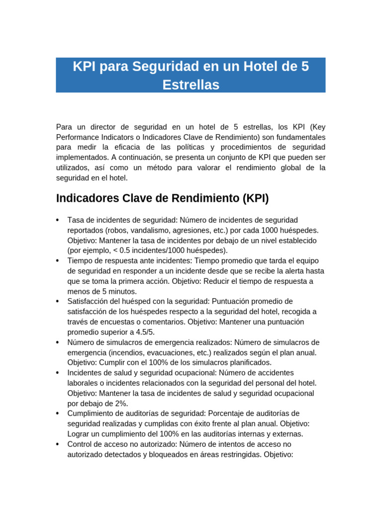 KPI Seguridad Hotel 5 Estrellas Profesional V2 | PDF | Indicador de ...