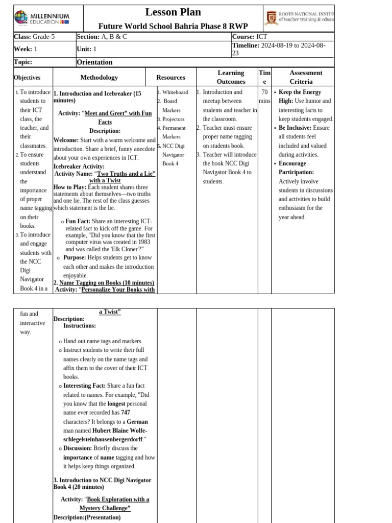Lesson Plan - Grade 5 (Week 1) - 19th August 2024 to 23rd August 2024 - Orientation | PDF ...