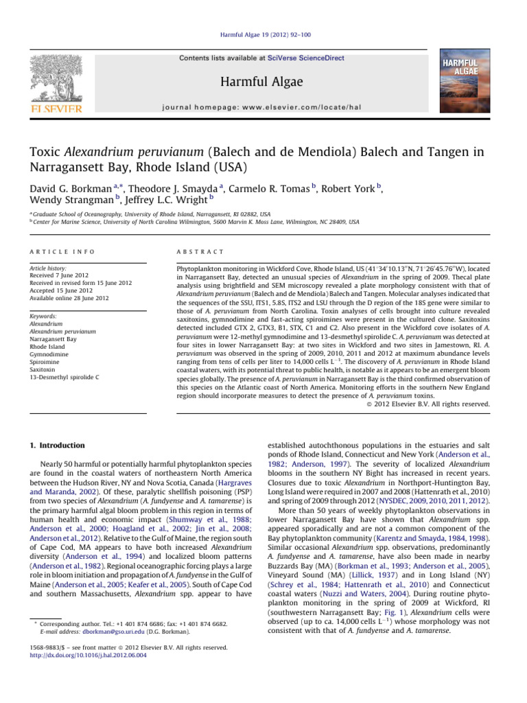 Borkman Etal 2012 Toxic Alexandrium Peruvianum USA Harmful Algae | PDF ...