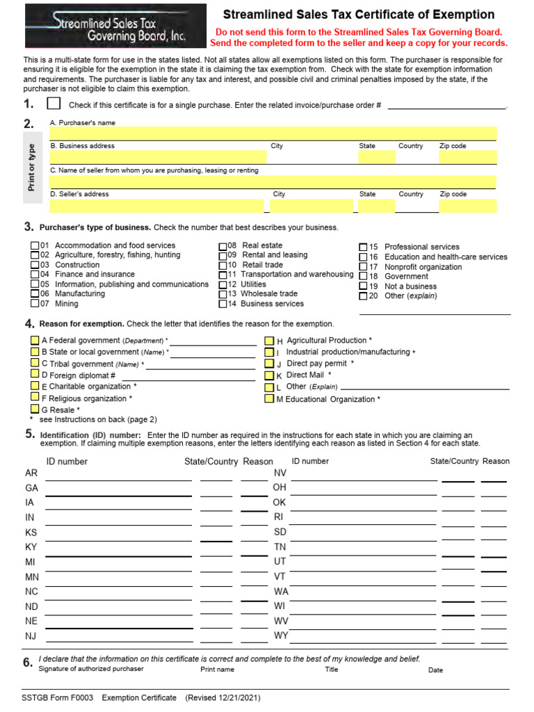 Streamlined Sales Tax Exemption Form | PDF | Tax Exemption | Sales ...