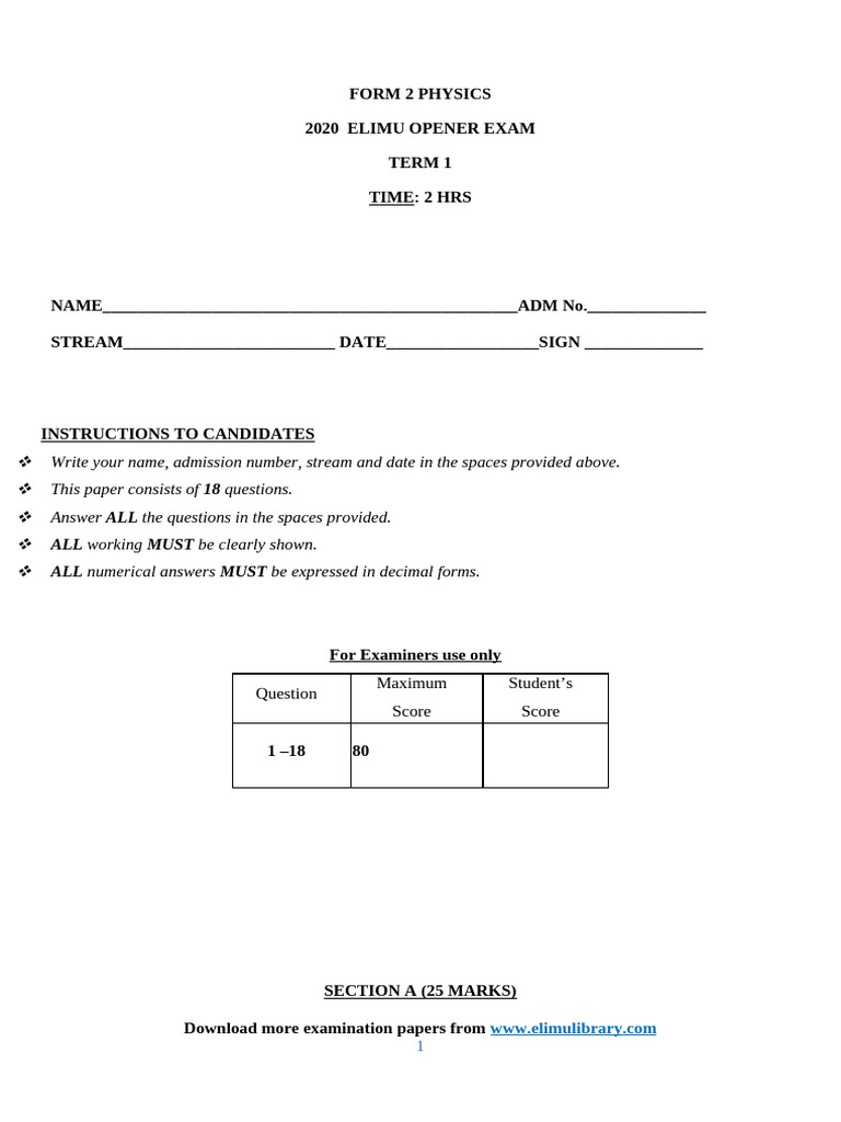 2020 Form 2 Physics Opener Exam Term 1 Set 1 13 19 Dec 13 55 16 | PDF ...