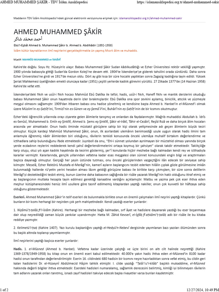 AHMED MUHAMMED ŞÂKİR | PDF