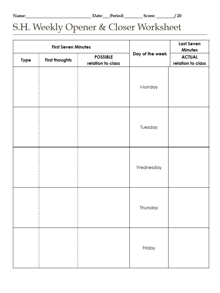 S.H. Opener & Closer Worksheet.docx | PDF