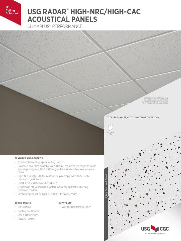 Usg Radar Climaplus High Cac High NRC Ceiling Panels Data SC2290 | PDF ...