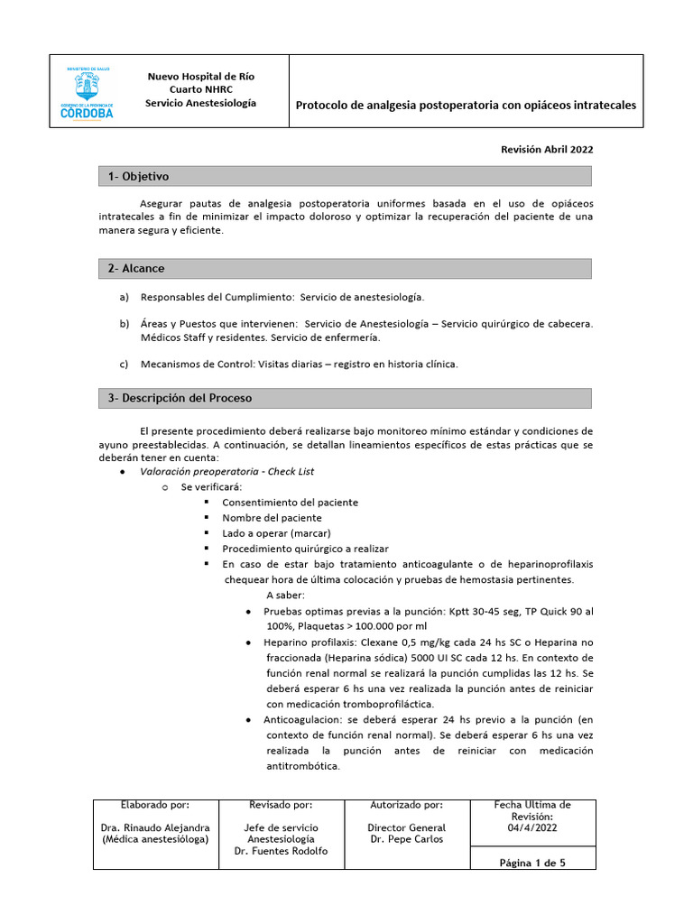 Protocolo de Analgesia Postoperatoria Con Opiáceos Intratecales NHRC ...