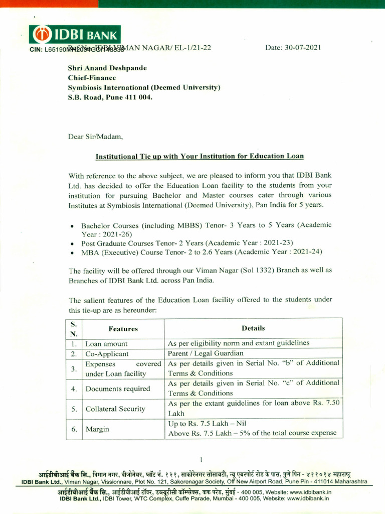 IDBI Bank - Education Loan Offer Letter | PDF