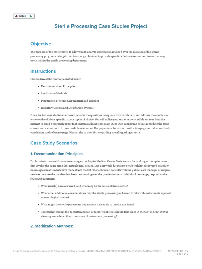 Sterile Processing Case Studies Project | PDF