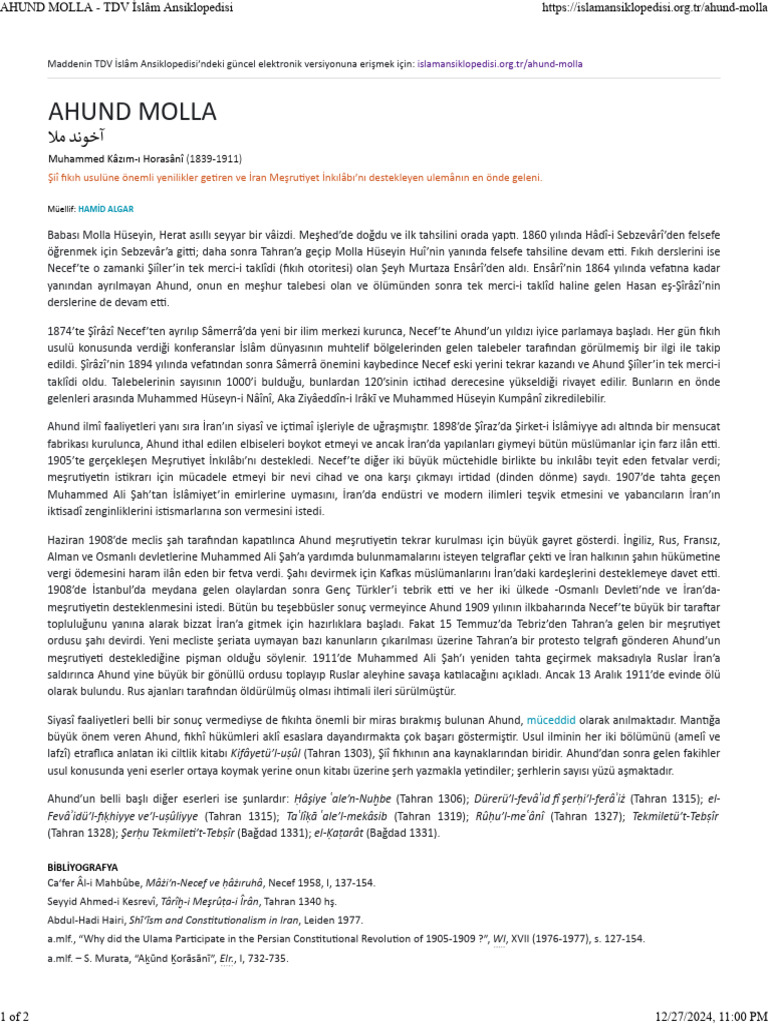 AHUND MOLLA - TDV İslâm Ansiklopedisi | PDF