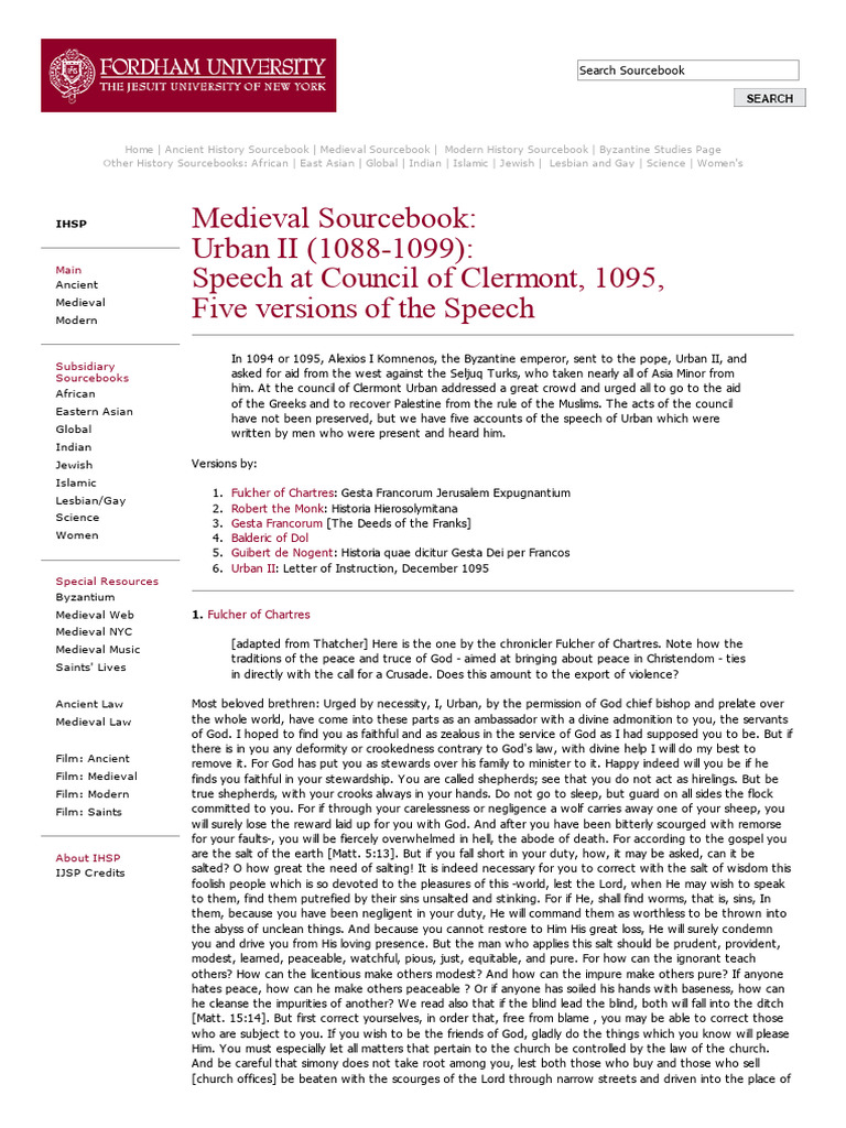 Urban II (1088-1099) - Speech at Clermont | PDF