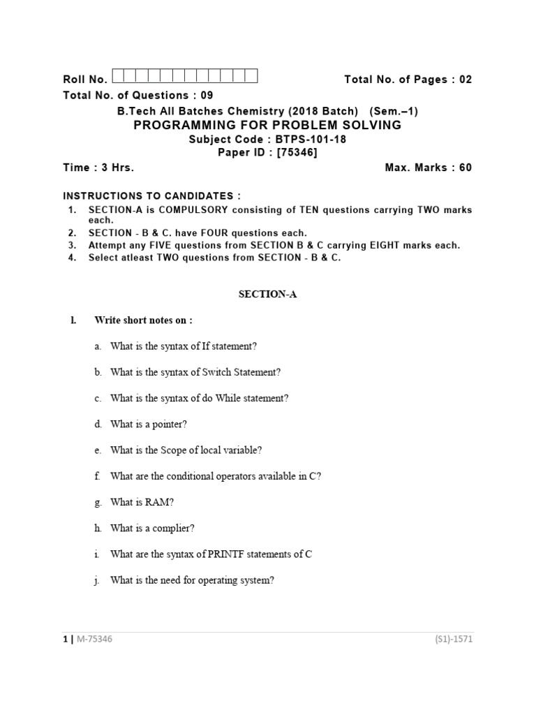Btech 1 Sem 2 Sem Programming For Problem Solving 75346 Dec 2018 Pdf