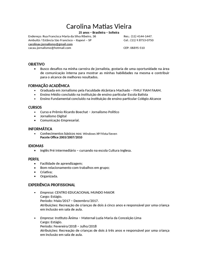 Carolina Matias Vieira CV JUL 2020 | PDF | Escolas